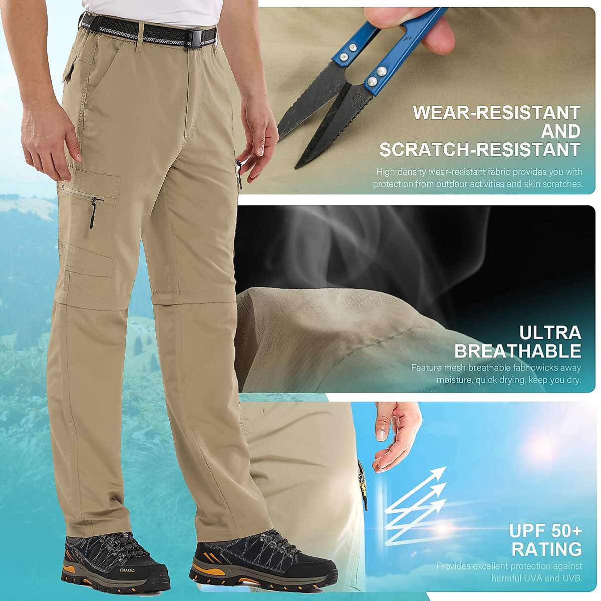 Mens Hiking Pants Convertible Zip Off Lightweight Quick Dry Fishing Safari Camping Travel boy Scout Pants,6101,Khaki,42