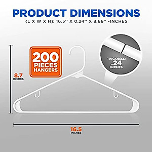 White Standard Plastic Hangers, Mega Pack, 200 Pieces Hangers for Clothes, Durable Tubular Hanger Slip Design Cloth Hanger Set with 2 Integrated Strap Hook Design