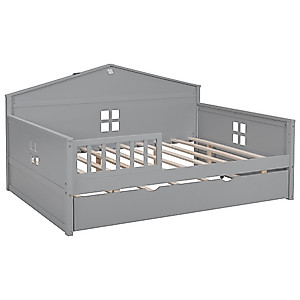 Merax Full Size Wooden Daybed with Trundle and Sensor Light, House Shaped Daybed for Kids, Boys and Girls, No Box Spring Needed, Grey