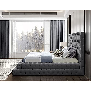 Meridian Furniture Revel Collection Velvet Upholstered Bed with Deep Button Tufting, King, Grey