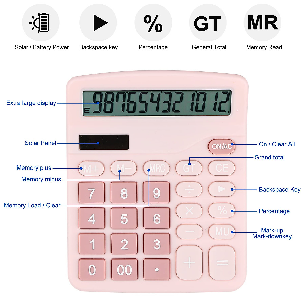 Desk Calculator, Envysun Compact 12-Digit Solar Battery Office Electronic Calculator with LCD Display, Dual Power Desktop Scientific Calculators (Cal-Pink-US)
