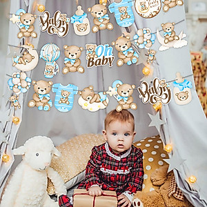 Teddy Bear Party Banner 3Pcs We Can Bearly Wait Baby Shower Decorations Blue Bear Baby Shower Banner for Baby Boy Gender Reveal Party Decorations