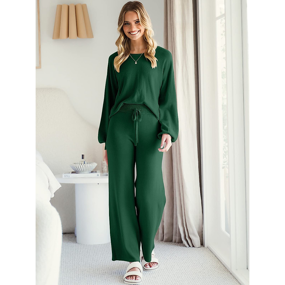 ANRABESS Women’s Two Piece Crop Top & Wide Leg Pants Lounge Sweater Sets 2024 Fall Knit Sweatsuits Cozy Trendy Outfits Deep Green Medium