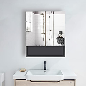 prosfalt 28x24in Mirror Medicine Cabinets with Double Doors, Space Aluminum Wall Mounted Storage Cabinets for Bathroom, Waterproof and Rust-Resist, Recess or Surface Mount - Black,353653765