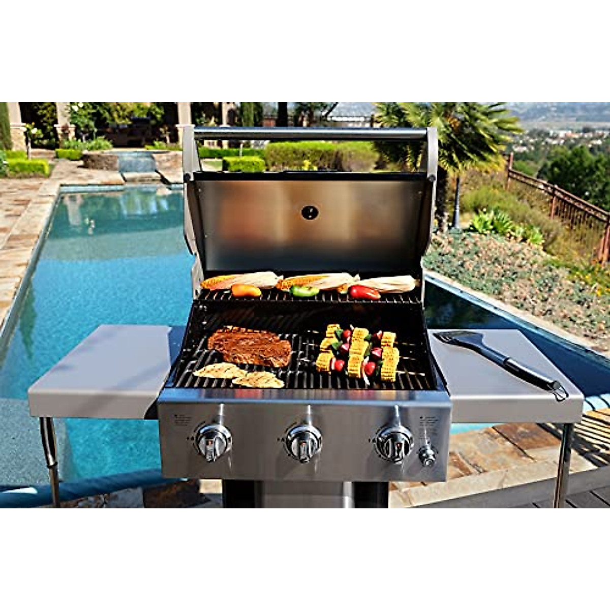 Permasteel 3-Burner Gas Grill | Cast Iron Cooking Grates, Grilling Tools Holder, Foldable Sides, PG-A40301-BK, Pedestal Style, 30000 Total BTUs - Black