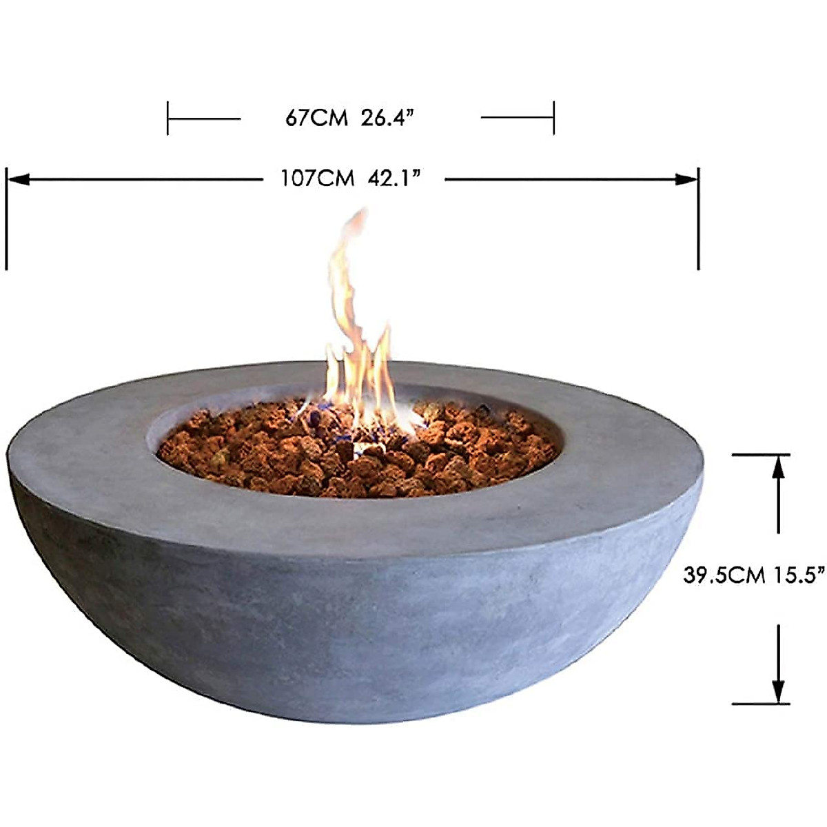 AMS Fireplace Elementi Lunar Bowl Cast Concrete Fire Table, Outdoor Fire Pit Fire TablePatio Furniture, Stainless Steel Burner, Canvas Cover and Lava Rock Included, Free Wind Guard (Natural Gas)