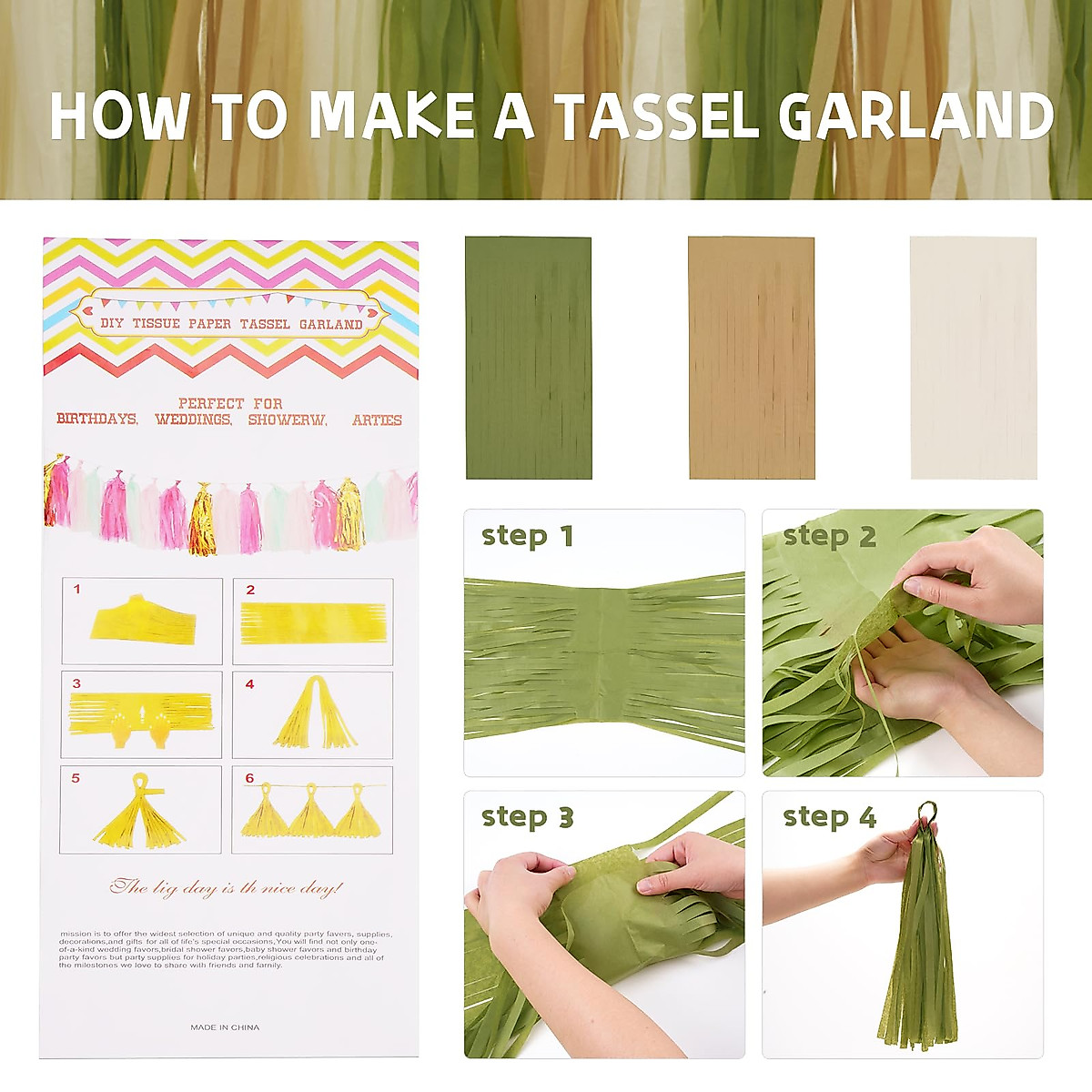 jijAcraft 15Pcs Tissue Paper Tassel Garland Sage Green, DIY Party Tassel Banner for Greenery Safari Jungle Woodland Baby Shower Camp Bachelorette Bridal Shower Birthday Nursery Classroom Decor