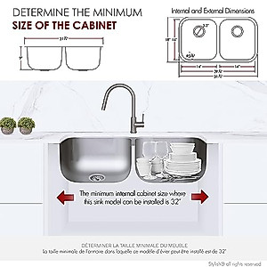 STYLISH 31 1/4 x 18 inch Drop-in or Undermount Stainless Steel Double Bowl Kitchen Sink with Standard Strainers, S-200T