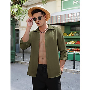 COOFANDY Men's Linen Button Down Long Sleeve Shirts Casual Summer Solid Oxford Dress Shirt ArmyGreen