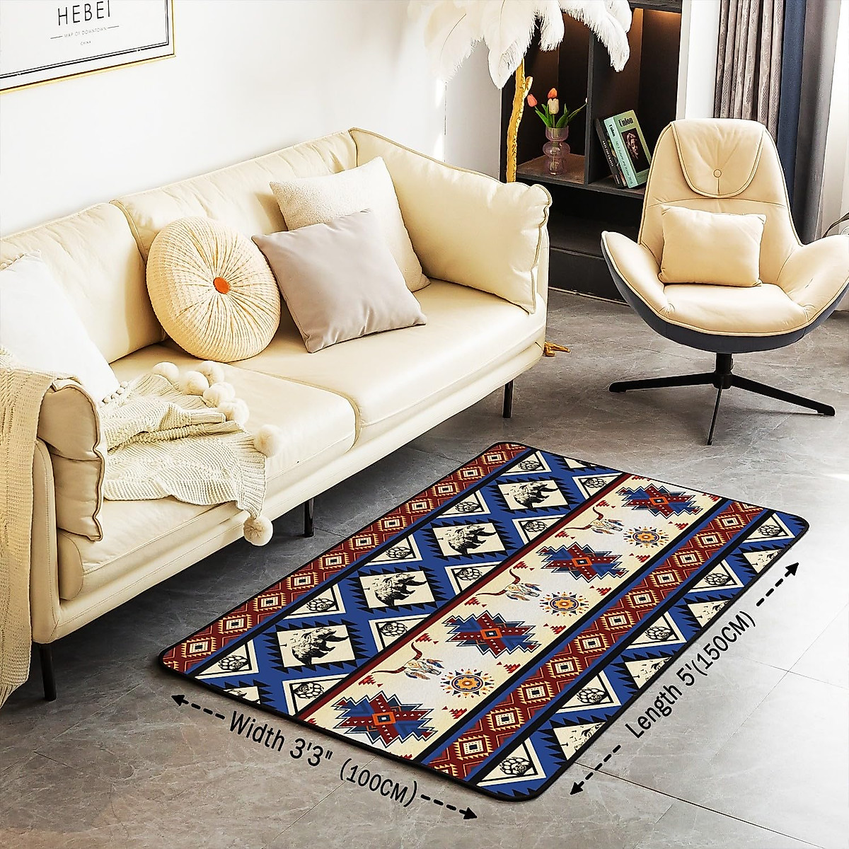 Erosebridal Black Bear Carpet Exotic Bull Skull Living Room Rug 3x5 for Bedside,Ethnic Tribe Arrow Aztec Indoor Floor Mat Tribal Geometry Diamond,Boho Western Decor Accent Rug Set for Bedroom,Red Blue