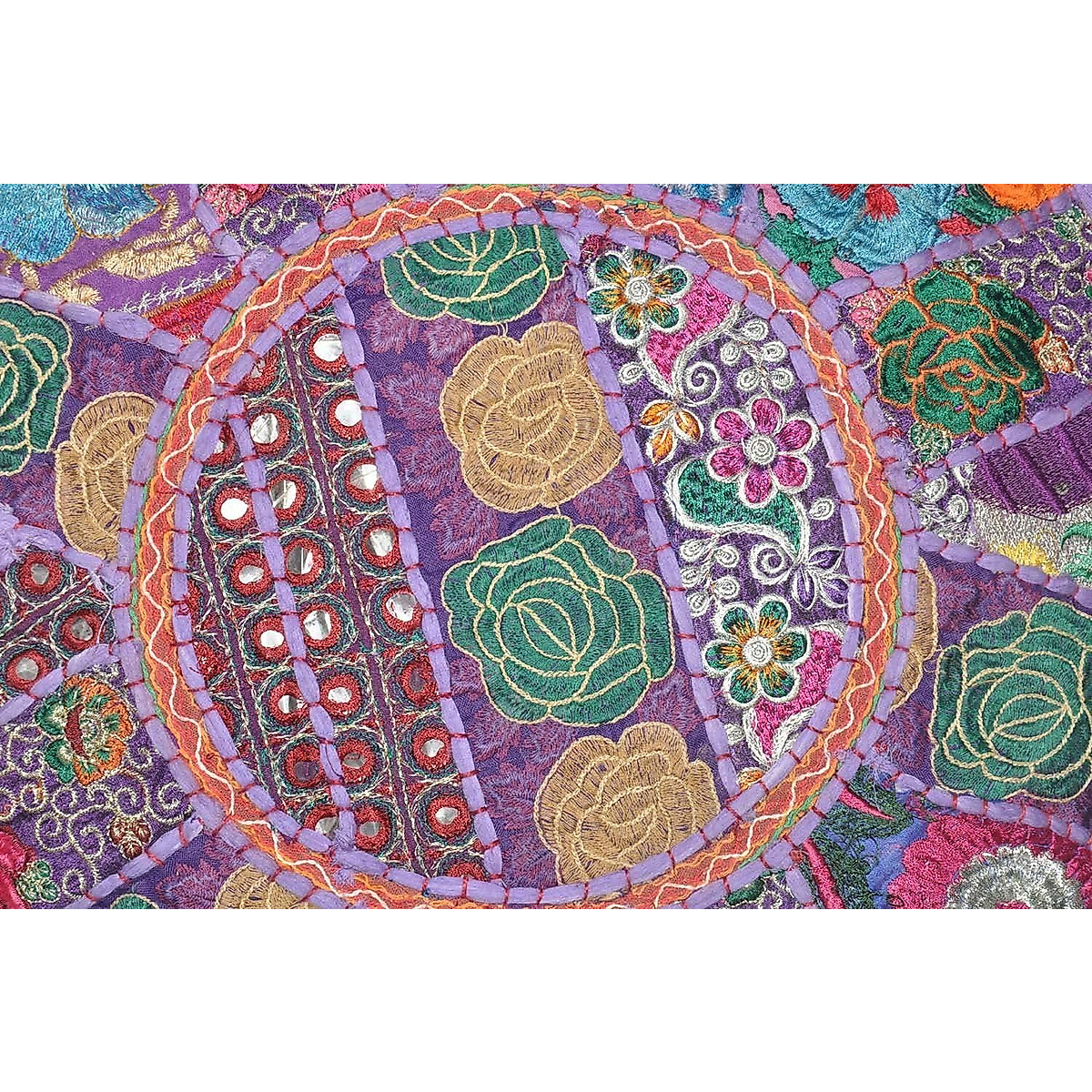 Footstool Cotton Bohemian Decor Round Stool White Patchwork Embroidered Ottoman Pouf Cover Floral Tuffet Chair Floor Cushion Ethnic Bean Bag Living Room (22 Inches, Blue)