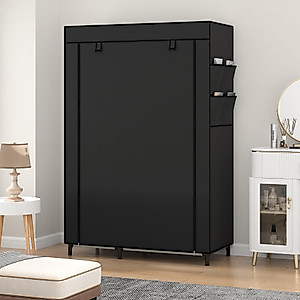 Calmootey Portable Closet Organizers, Clothing Storage, Wardrobe with 6 Shelves and Hanging Rod, Non-Woven Fabric Cover with 4 Side Pockets, Black