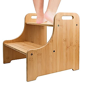 Purbambo Bamboo Step Stool for Toddlers, Kids Stepping Stool with Handles for Potty Training, Bathroom Sink, Kitchen Counter, Bedroom