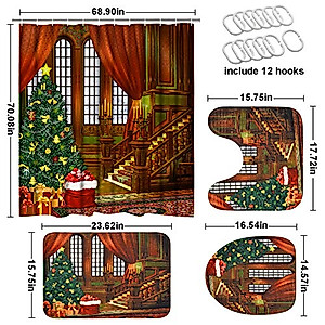 4 Pcs Christmas Shower Curtain Sets with Non-Slip Rugs, Toilet Lid Cover and Bath Mat, Red Vintage Xmas Tree and Castle Shower Curtain with 12 Hooks, Waterproof Shower Curtain for Bathroom Set