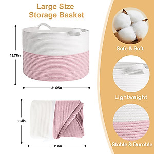 Comfymon Large Blanket Basket, 22" x 22" x 14" Woven Baby Laundry Blanket Basket Toy Basket with Handle, Kids Dog Toy Storage Baskets Organizer Bins, Blanket Storage for Living Room, Pink