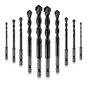 10-Piece Masonry Drill Bits Kit for Concrete, Stone, Carbide Drill Bit Set for Glass, Brick, Tile, Plastic, Ceramic and Wood Size 5/32 to 1/2 inch