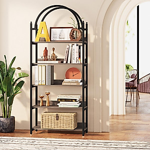Tribesigns 5-Shelf Arched Bookcase, 72 inch Tall Rustic Wood Shelf with Black Metal Frame, Industrial Freestanding Open Bookshelf for Bedroom, Living Room,Small Spaces (Oak+Black, 1PC)