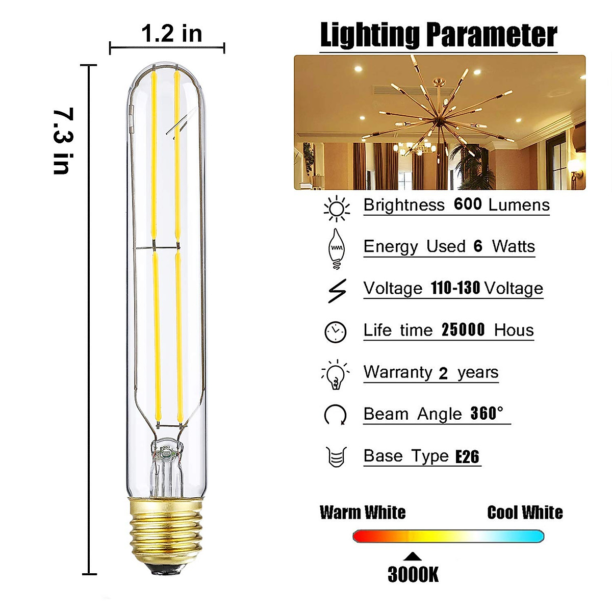 T10 Led Bulb,Dimmable 6W Led Tubular Bulbs, Soft White 3000K, 60 Watt Incandescent Bulb Equivalent,Clear Glass,E26 Base Lamp Bulb,for Cabinet Display Cabinet etc,4 Pack. (7.3 in -Soft White(3000K))