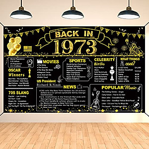 DARUNAXY 50th Birthday Black Gold Party Decoration, Back in 1973 Banner 50 Year Old Birthday Party Poster Supplies Vintage 1973 Backdrop Photography Background for Men & Women 50th Class Reunion Decor