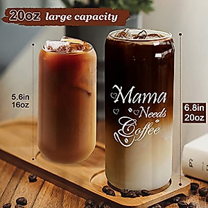WAVEWISE Gifts for Mom from Daughter, Son, Kids - 20 Oz Drinking Can Glass Iced Coffee Cup with Lid and Straw - Mama Needs Coffee - Birthday Presents for Mom, Mother, Wife, New Mom, Mother In Law
