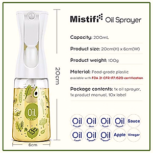 Mistifi Oliver Oil Sprayer for cooking, Spray bottle 6oz, Non-Aerosol Refillable Dispenser Oil Mister FS601 Green Vegetable