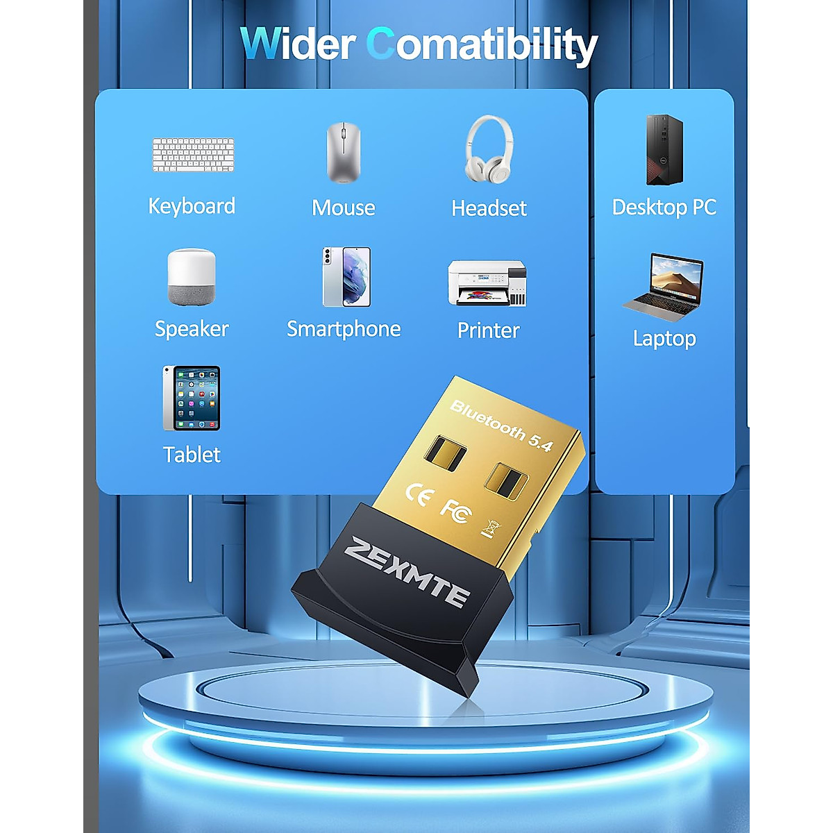 ZEXMTE USB Bluetooth Adapter for PC, 5.4 Bluetooth Dongle, Long Range Bluetooth Transmitter&Receiver, Plug-and-Play for Desktop, Laptop, Mouse, Keyboard, Headsets, Speakers Support Windows 11/10/8.1/7