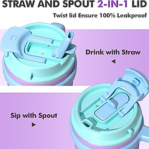 Fimibuke 16oz Kids Insulated Tumbler with Handle & Straws - 2 Pack BPA FREE 18/8 Stainless Steel Toddler Cups with Sip/Swig 2-in-1 Lids, Leak Proof Kid Drinking Cup Travel Mugs for Children Boys Girls