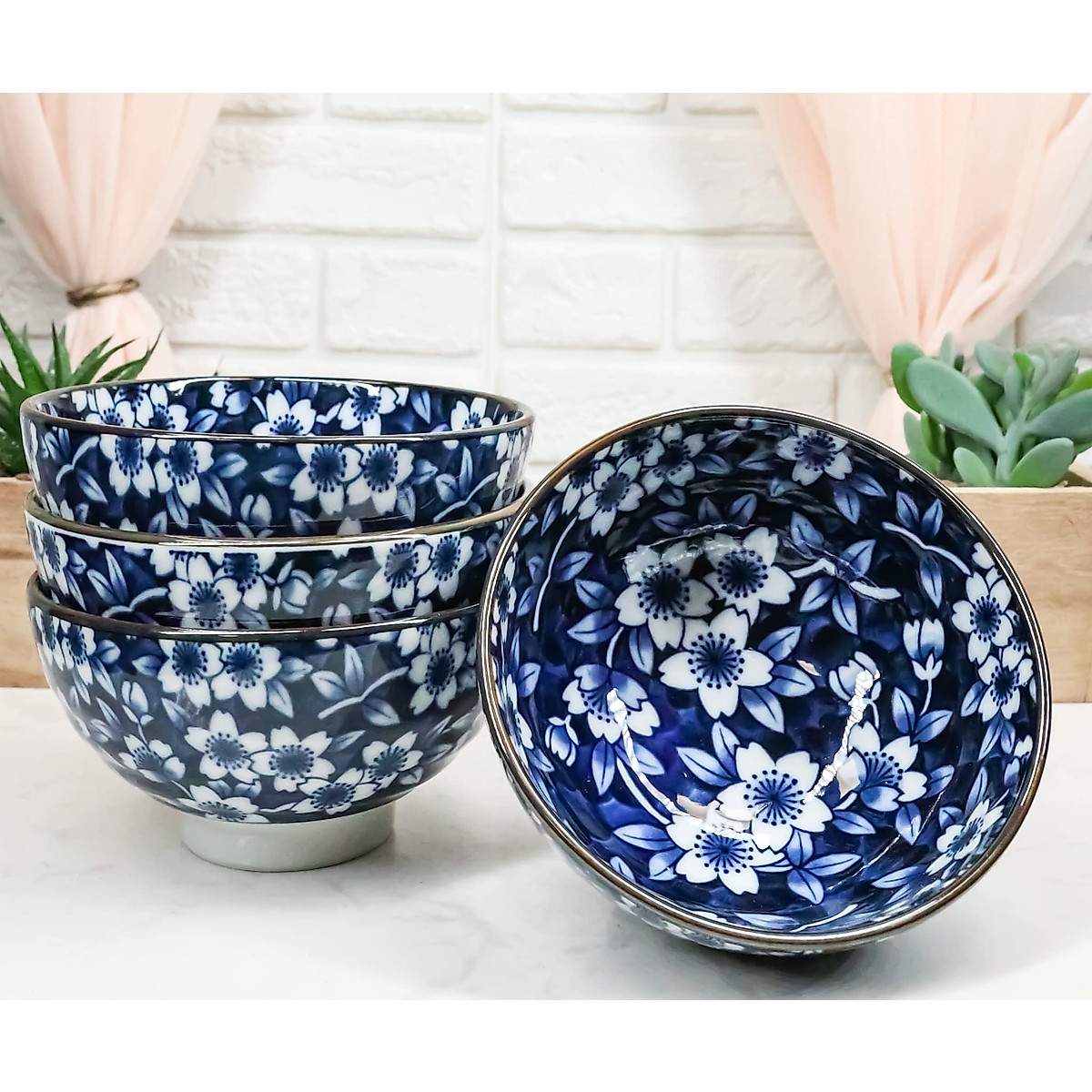 Ebros Gift Made in Japan Ming Style Blue And White Summer Floral Blossom Design 12oz Rice Soup Cereal Porcelain Bowls Set of 4 Home Decor Zen Asian Fusion Accent Housewarming Birthday Gifts Bowl Set