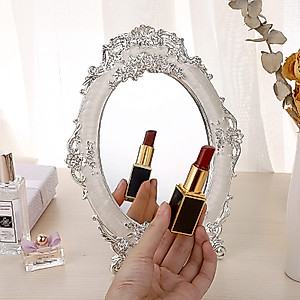 JUXYES Small Tabletop Dressing Mirror Vintage Metal Desktop Mirror with Stand, Antique Embossed Roses Countertop Makeup Mirror Retro Oval Cosmetic Decorative Mirrors for Table Centerpieces