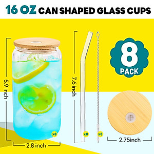 Joyclub Glass Cups with Bamboo Lids and Straws 8 Set 16 oz Reusable Iced Coffee Cup Beer Can Drinking Jars for Smoothie Whiskey Boba Soda Tea Gift