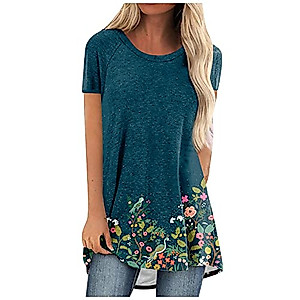 Womens Shirts Casual Womens Tunic Tops to Wear with Leggings Pattern Print Crewneck Short Sleeve Shirt Irregular Hem Tunic Hide Belly Shirt Womens Tops Summer Navy 5X