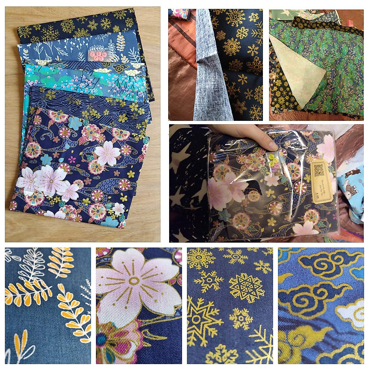 Queenbox 6PCS Japanese Printed Fabric, 15.7x19.6" Furoshiki Cloth, Traditional Sakura Printed Waves Cotton Sewing Fabric for Kimono Cheongsam Bag DIY Quilting