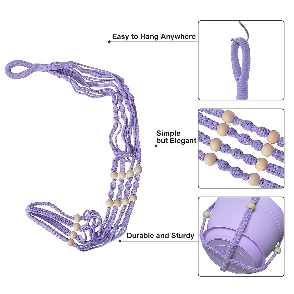 Checrxy Macrame Plant Hanger with Pot, 3 Set Hanging Planters for Indoor Plants, Handmade Cotton Rope Boho Home Decor, Idea Gift for Anyone, Includes Plant Holders, Pots, Plates and Hooks (Purple)