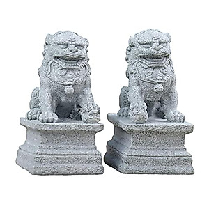 Chinese Style 2Pcs Lions Statues Garden Sculptures Landscape Sandstone Bonsai