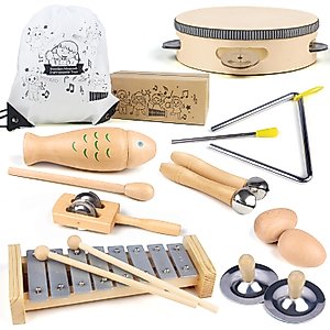 Chriffer Kids Musical Instruments Toys, Percussion Instruments Set with Xylophone, Preschool Educational Music Toys for Boys Girls, Natural Eco-Friendly Wooden Music Set (8)