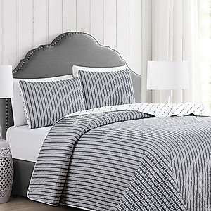 Market & Place 3 Piece Reversible Quilt Set with Shams | All-Season Soft & Lightweight Bedspread with Modern Striped Pattern | Nora Collection (Full/Queen, White/Grey)