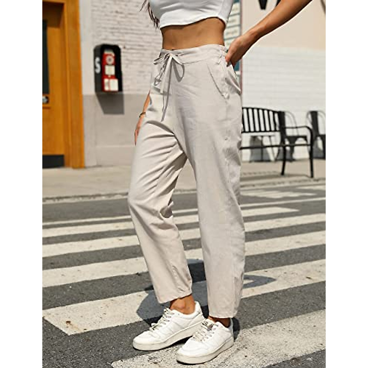 Tanming Women's Casual Linen Elastic Waist Tapered Pants Trousers with Drawstring (Khaki, Large)