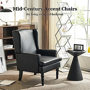 LOVSPATIO Faux Leather Accent Chair, Mid-Century Upholstered Living Room Chairs, Comfy Single Recliner Sofa with Arm and Wood Legs for Bedroom Waiting Room Office - Black
