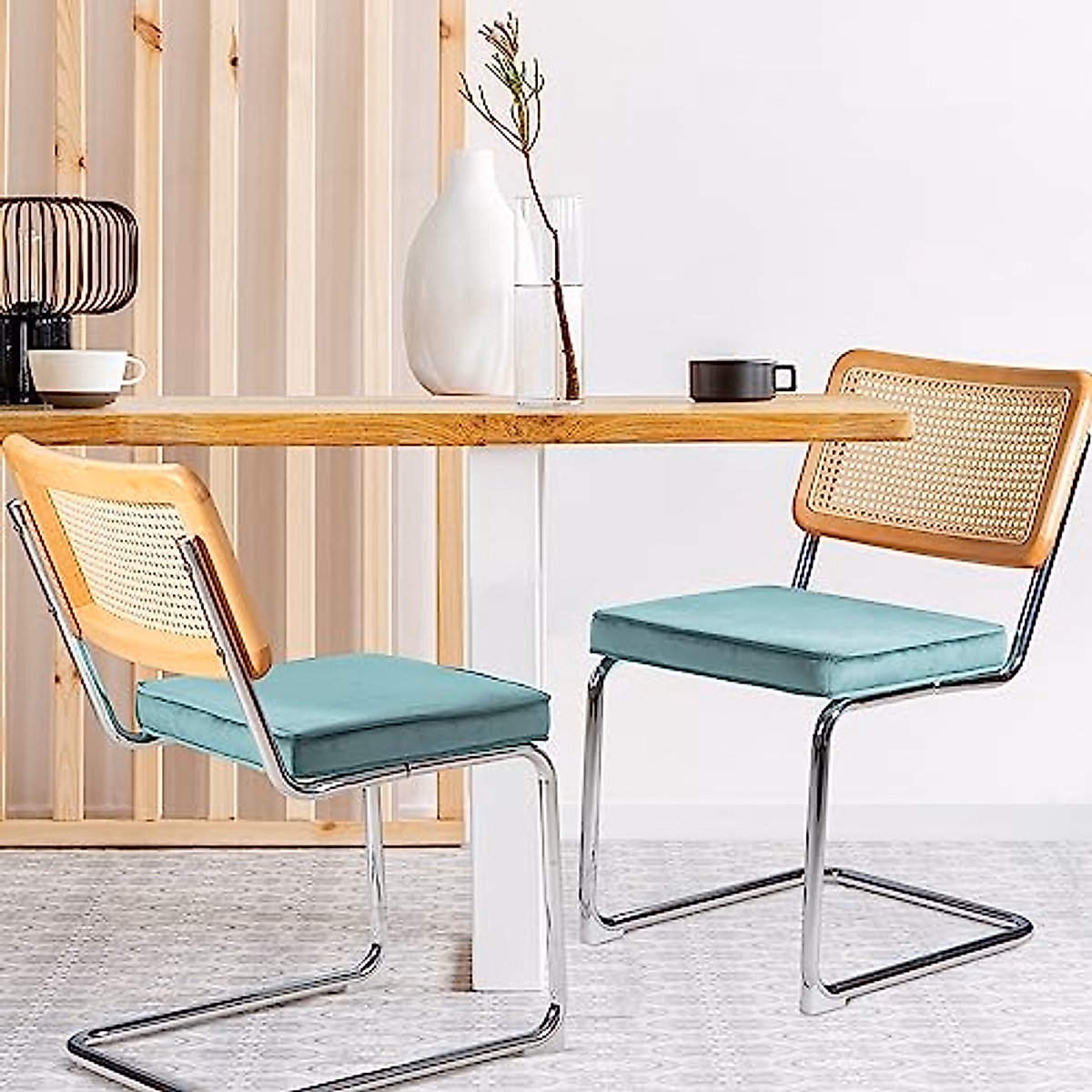 MeetLeisure Rattan Dining Chair Set of 2, Mid-Century Modern Chairs with Metal Chrome Legs, Armless Cane Back Chairs with Upholstered Cushion for Home Kitchen Dining Room, Aqua