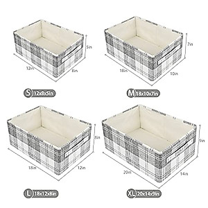 ANMINY 2PCS Storage Bins Set Foldable Cotton Linen Open Storage Basket Box with Handles Washable PP Plastic Board Plaid Pattern Decorative Nursery Baby Kid Laundry Organizer - Light Gray, Extra Large