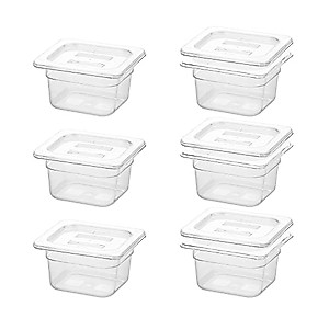 BIEAMA 6 Pack Food Pans with Lids, 1/6 Size 4'' Deep, Polycarbonate, Clear