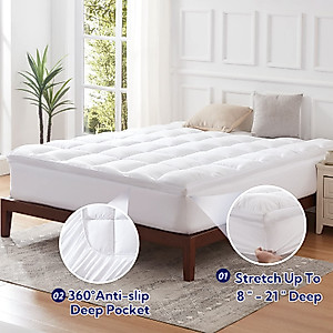 MILDLY Extra Thick Mattress Topper Fitted Mattress Pad Breathable Fluffy Soft Pillow Top Queen Size with 8-21" Elastic Deep Pocket, Overfilled 7D Spiral Fiber Filling