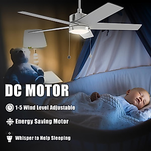 52” Ceiling Fans with Lights, 5 Speeds Reversible DC Modern Ceiling Fan with Pull Chain, 3 Light Colors Dimmable Outdoor Ceiling Fan, Sliver