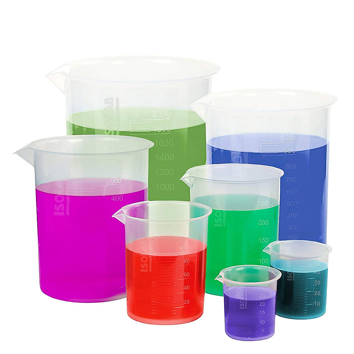 ISOLAB 026.01.S01.Set4 7 Pieces Premium Laboratory Plastic Beaker Set, High Clarity, Polypropylene, Raised Graduations, Autoclavable, 25 mL, 50 mL, 100 mL, 250 mL, 500 mL, 1000 mL, 2000 mL