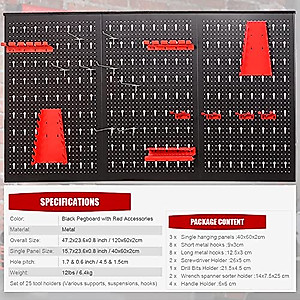 HPDMC Pegboard Wall Organizer 48'' Wide Garage Tool Pegboard Standard Tool Storage Kit - (3) Black Pegboard and Red Accessories