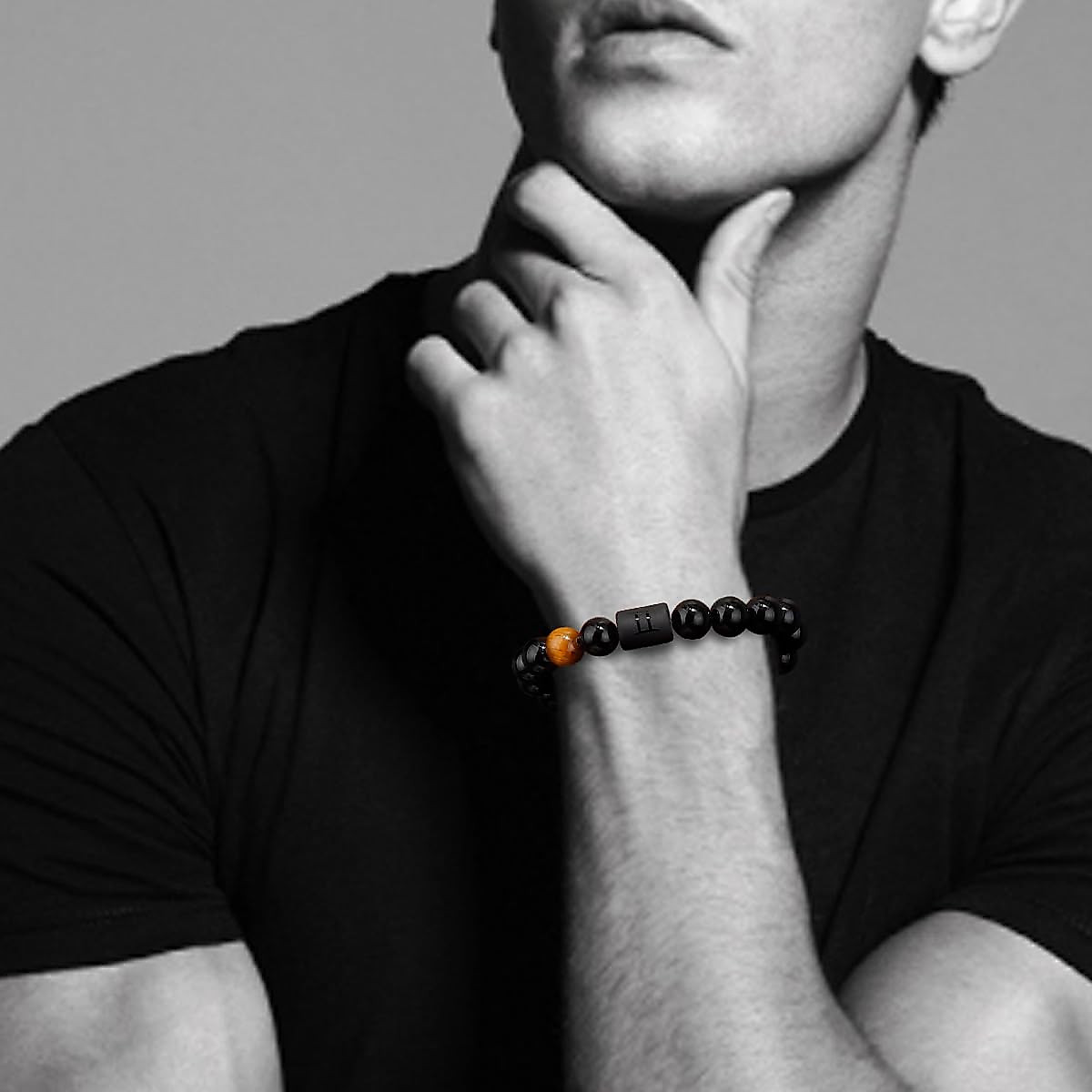 Zodiac Bracelet for Men Women 10mm Natural Black Onyx Stone Star Sign Constellation Horoscope Bracelet Gifts (Gemini)