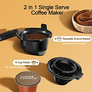 ILAVIE 2 in 1 Single Serve Coffee Maker, 40oz K Cup Coffee Maker for K cup Pods and Ground Coffee, Single Cup Coffee Maker with 5 Brew Sizes Up to 14oz, Compact Design Coffee Machine for Travel
