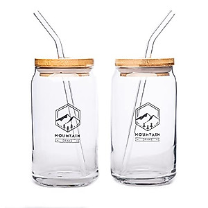 Mountain Drinks Drinking Glasses - 2 Pack Strong Borosilicate Libby Glasses - Bamboo Lids, Glass Straws - 16oz Can Shaped Glass for Beer, Iced Coffee, Water, or Gifts