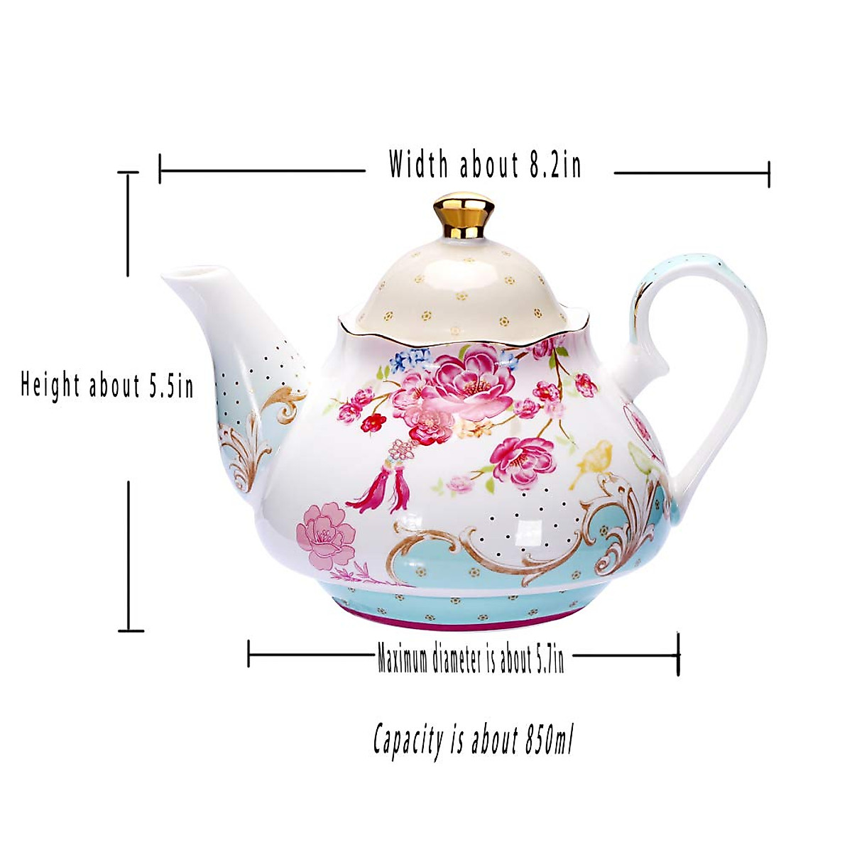 AWHOME Tea Pot Bone China Floral Design Vintage Teapot Loose Tea Women and Tea lovers 850 ml about 4 Cups Gift Box