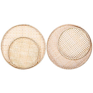 100% Handwoven Flat Wicker Round Fruit Basket Woven Food Storage Weaved Shallow Tray Organizer Holder Bowl Decorative Rack Display Kids DIY Drawing Board (Sqaure Hollow-Bamboo White, 50cm/19.7")